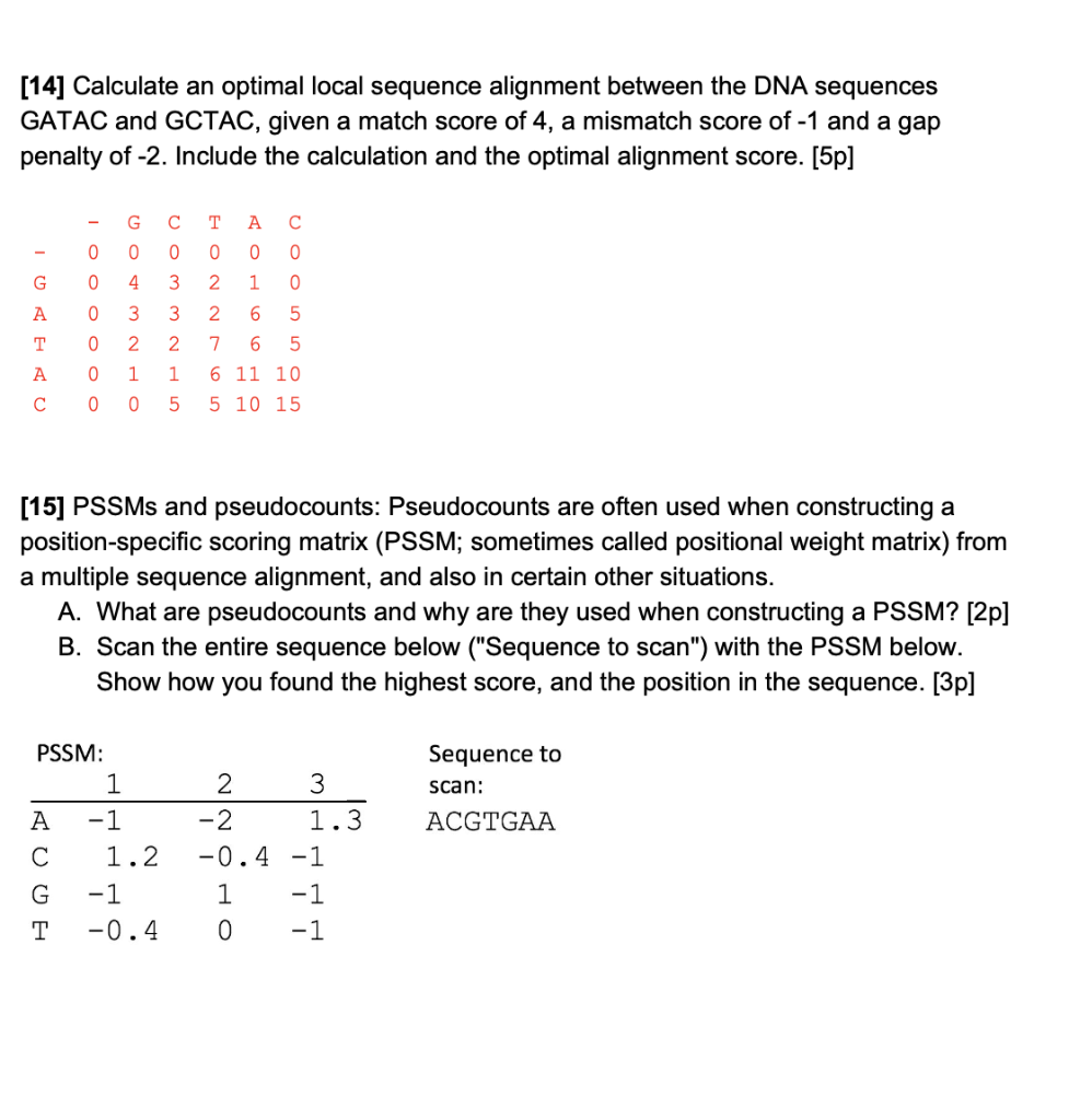 [14] Calculate an optimal local sequence alignment | Chegg.com
