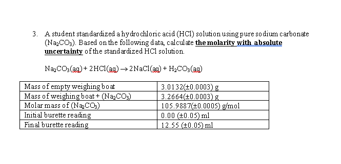 Solved 3. A student standardized a hydrochloric acid (HCI) | Chegg.com