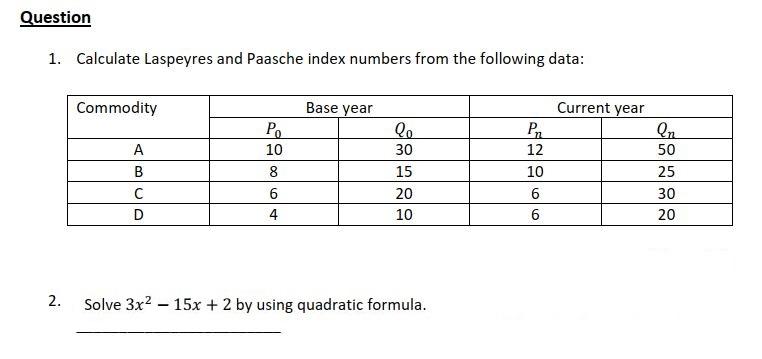 Solved Calculate Laspeyres and Paasche index numbers from | Chegg.com