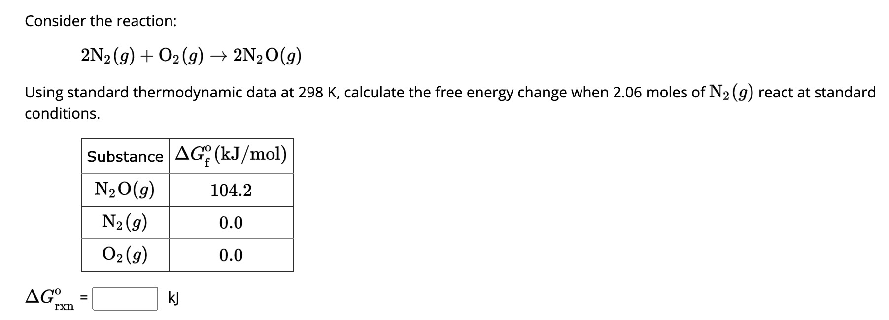 Solved Consider the reaction: 2 N2(g)+O2(g)→2 N2O(g) Using | Chegg.com