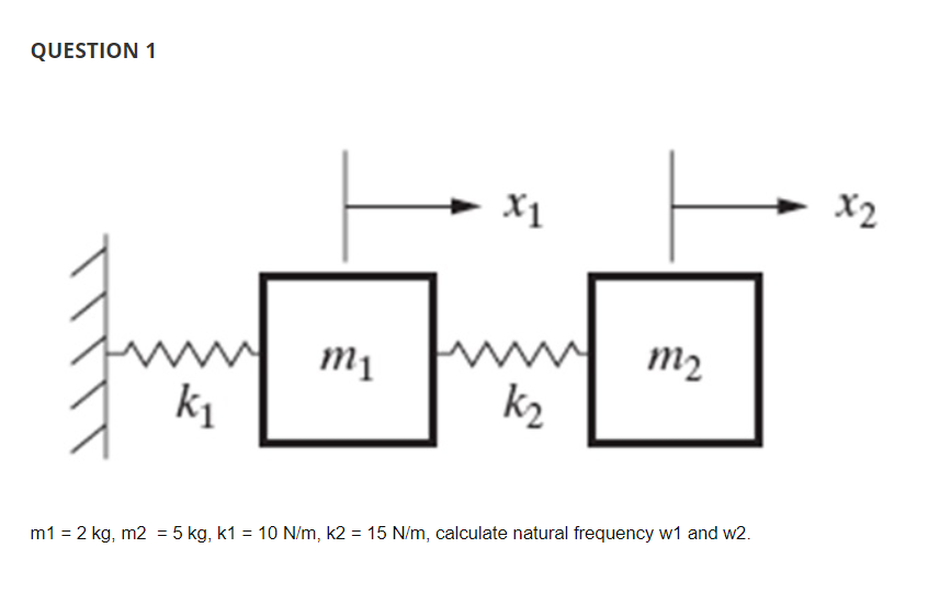 Solved QUESTION 1 X1 X2 mi m2 ki k2 m1 = 2 kg, m2 = 5 kg, k1 | Chegg.com