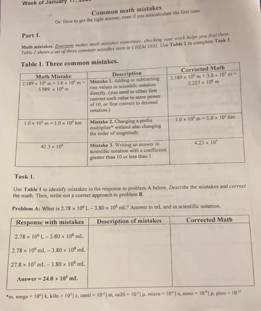 Solved Part 1. Math mistakes. Everoone makes math mistakes | Chegg.com