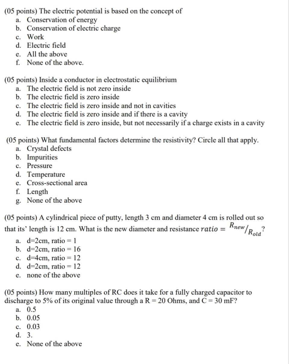 Solved ( 05 points) The electric potential is based on the | Chegg.com