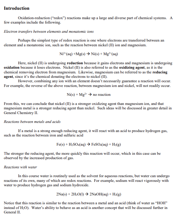 Solved Introduction Oxidation-reduction (“redox”) reactions | Chegg.com