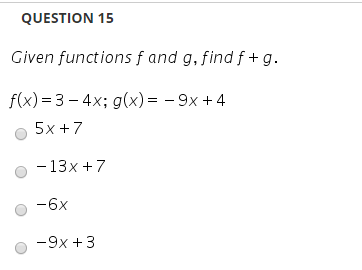 Solved QUESTION 15 Given functions f and g, find f+g. | Chegg.com