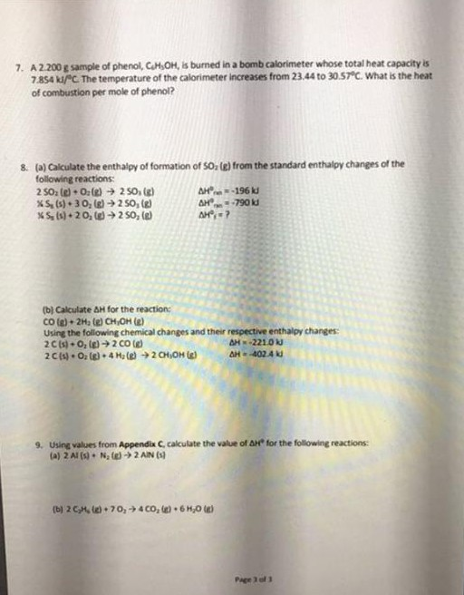Solved 7. A 2.200 g sample of phenol, CHsOH, is burned in a | Chegg.com