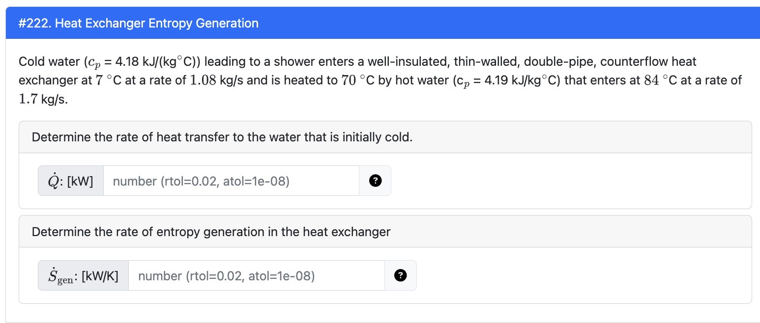 Solved by an EXPERT #222. ﻿Heat Exchanger Entropy GenerationCold water ...