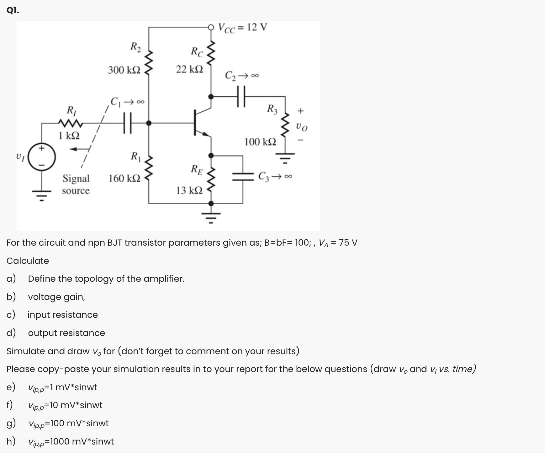 Solved For the circuit and npn BJT transistor parameters | Chegg.com
