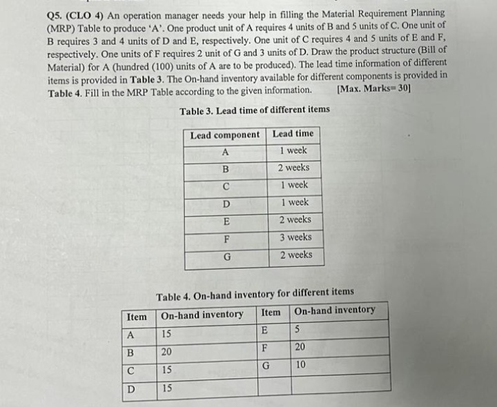 Solved Q5. (CLO 4) An operation manager needs your help in | Chegg.com