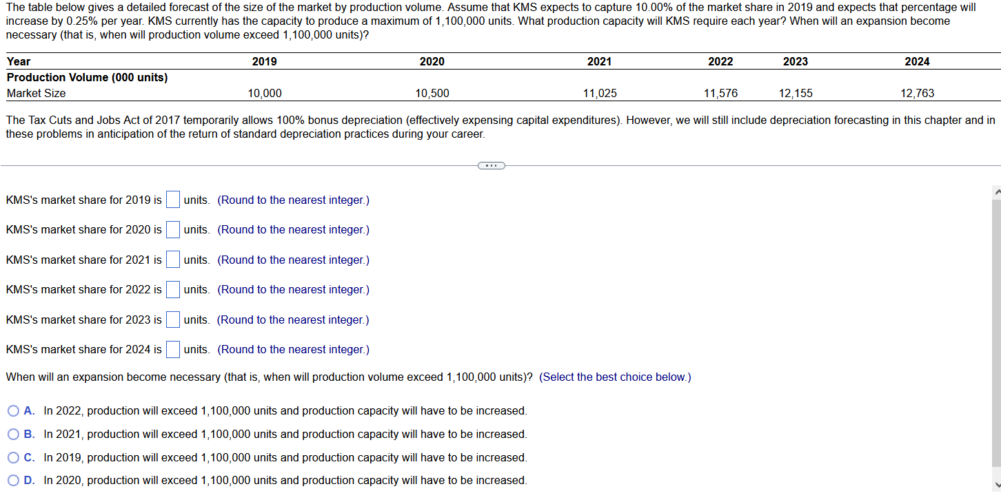 Solved KMS's market share for 2019 is units. (Round to the | Chegg.com