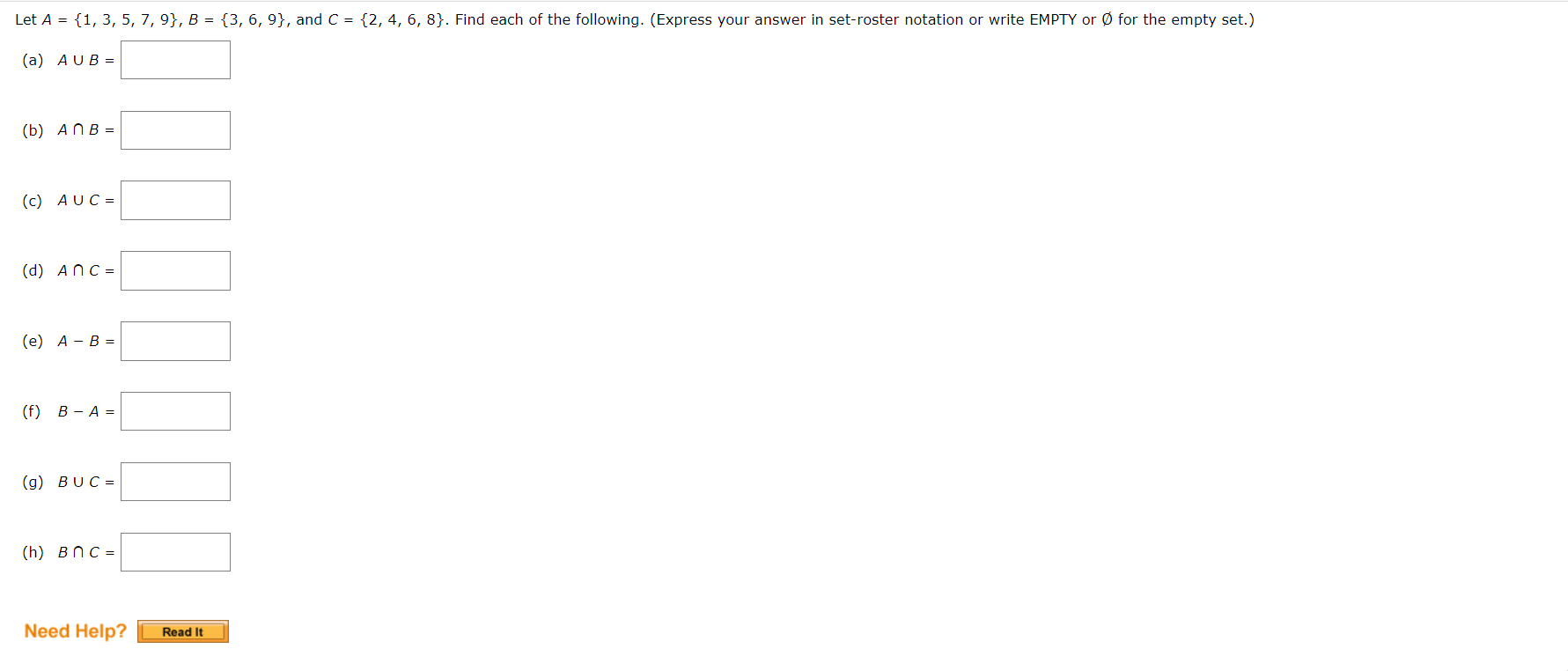 Solved Let A={1,3,5,7,9},B={3,6,9}, and C={2,4,6,8}. Find | Chegg.com
