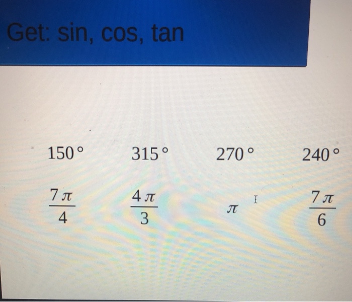 Solved Get: sin, cos, tan 150° 315 270° 240o 4π 4 | Chegg.com