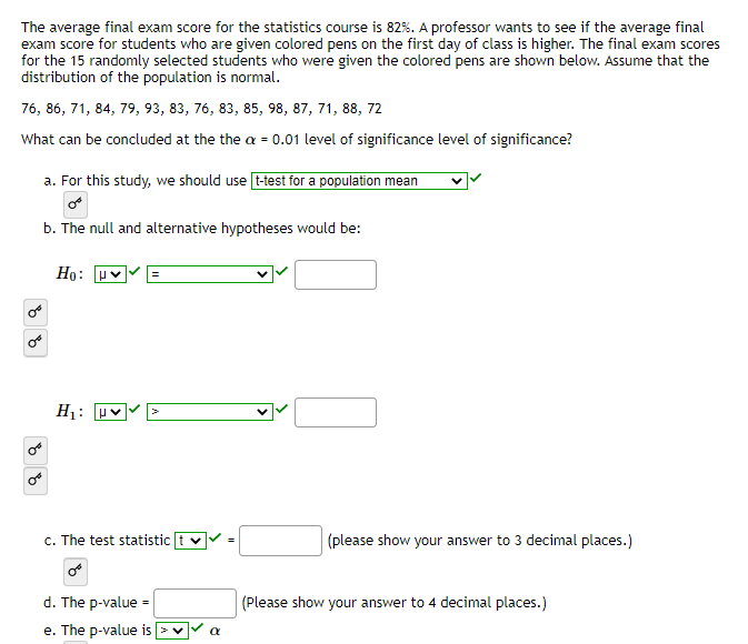 Solved The average final exam score for the statistics | Chegg.com