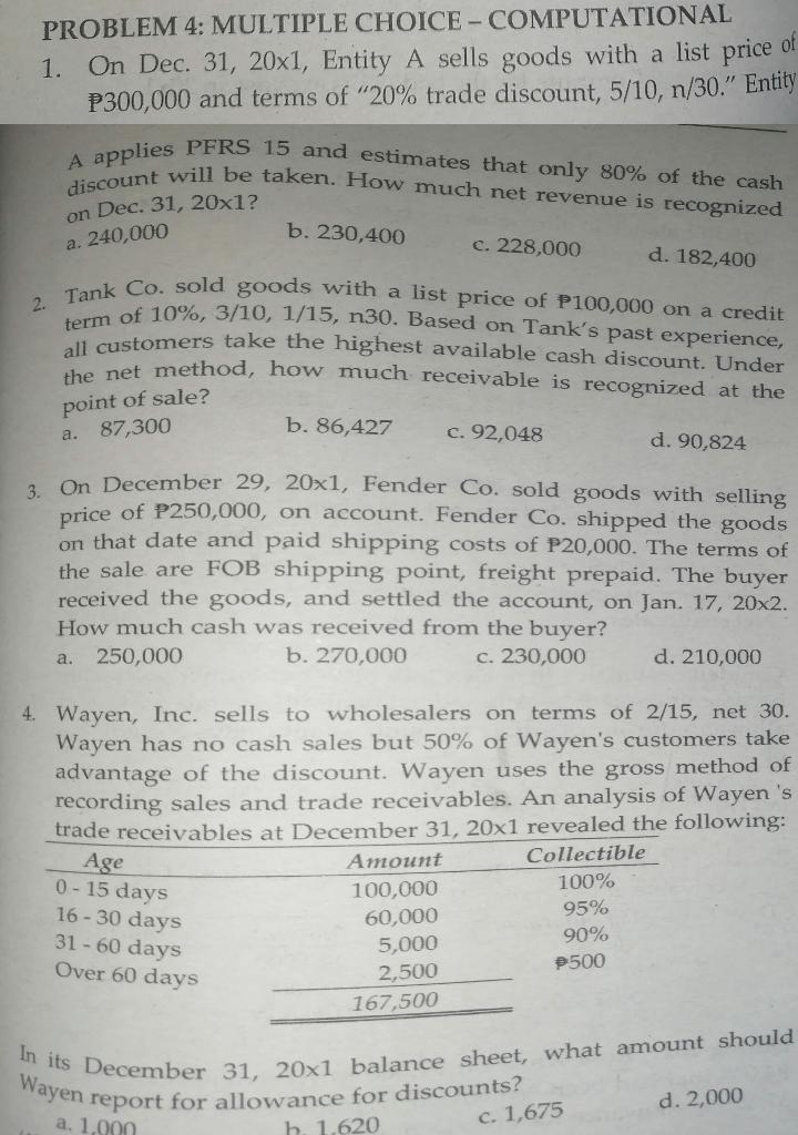 Solved PROBLEM 4: MULTIPLE CHOICE-COMPUTATIONAL 1. On Dec. | Chegg.com