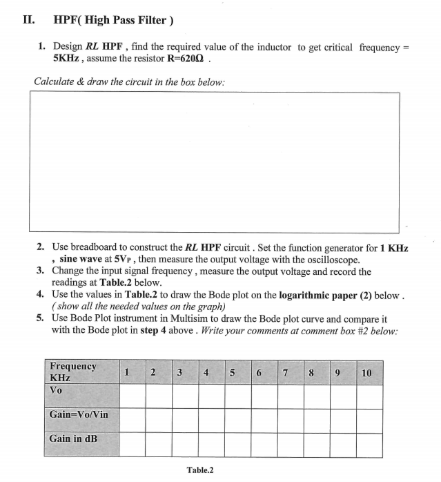 II. HPF( High Pass Filter) 1. Design RL HPF, find the | Chegg.com