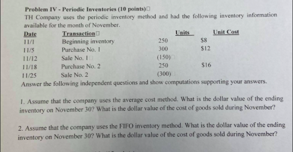 Solved Problem IV - Periodic Inventories (10 points) TH | Chegg.com