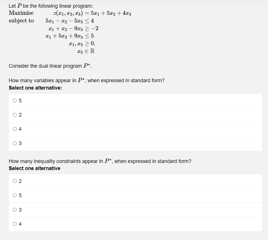 Solved Let P be the following linear program: subject to | Chegg.com