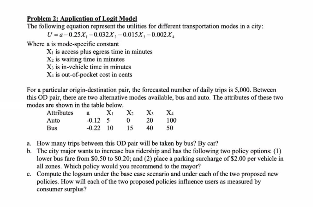 Problem 2: Application of Logit Model The following | Chegg.com