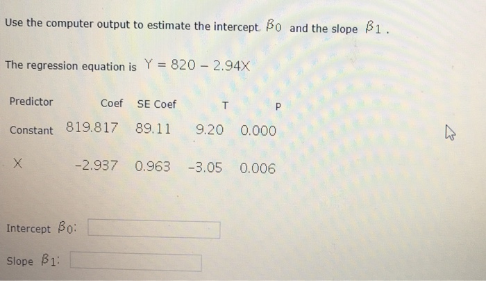 Solved Use the computer output to estimate the intercept Bo | Chegg.com