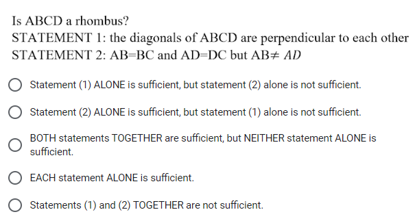 Solved Is ABCD a rhombus?STATEMENT 1: the diagonals of ABCD | Chegg.com