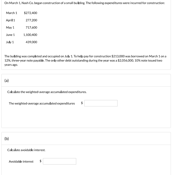 Solved On March 1, Nash Co. began construction of a small | Chegg.com