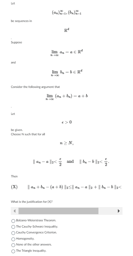 Solved Let (an)n=1∞,(bn)n=1∞ be sequences in Rd Suppose | Chegg.com