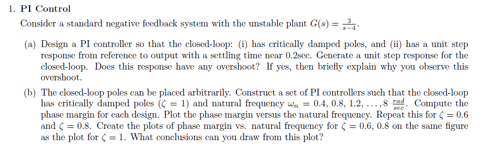 Solved PI ControlConsider a standard negative feedback | Chegg.com