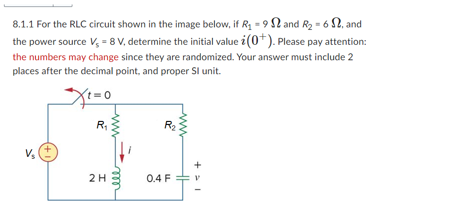 Solved 8.1.1 For the RLC circuit shown in the image below, | Chegg.com