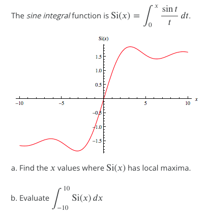 Solved The sine integral function is Si(x)=∫0xtsintdt. a. | Chegg.com