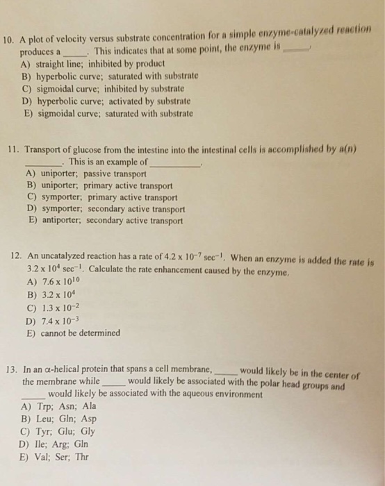 Solved 10. A plot of velocity versus substrate concentration | Chegg.com