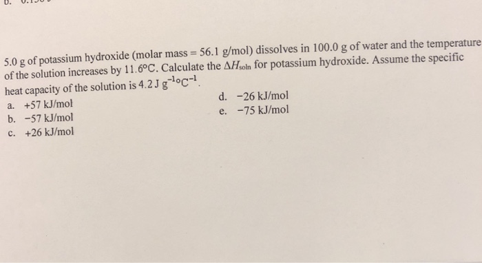 Solved 5.0 g of potassium hydroxide (molar mass 56.1 g/mol) | Chegg.com