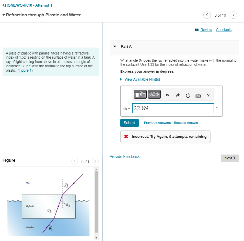 Solved \pm Refraction through Plastic and Water 8 of 10 Part | Chegg.com
