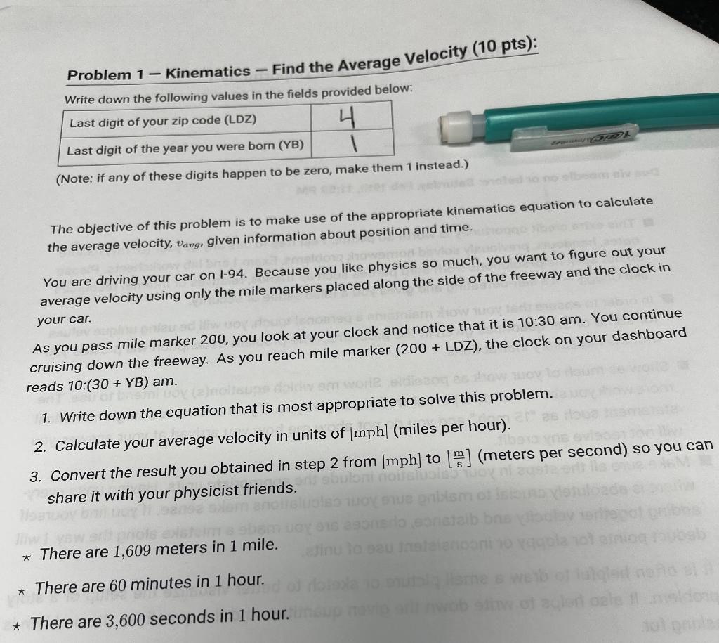 Solved Problem 1 - Kinematics – Find the Average Velocity | Chegg.com