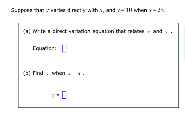 Solved Suppose that y varies directly with x, and y= 10 when | Chegg.com
