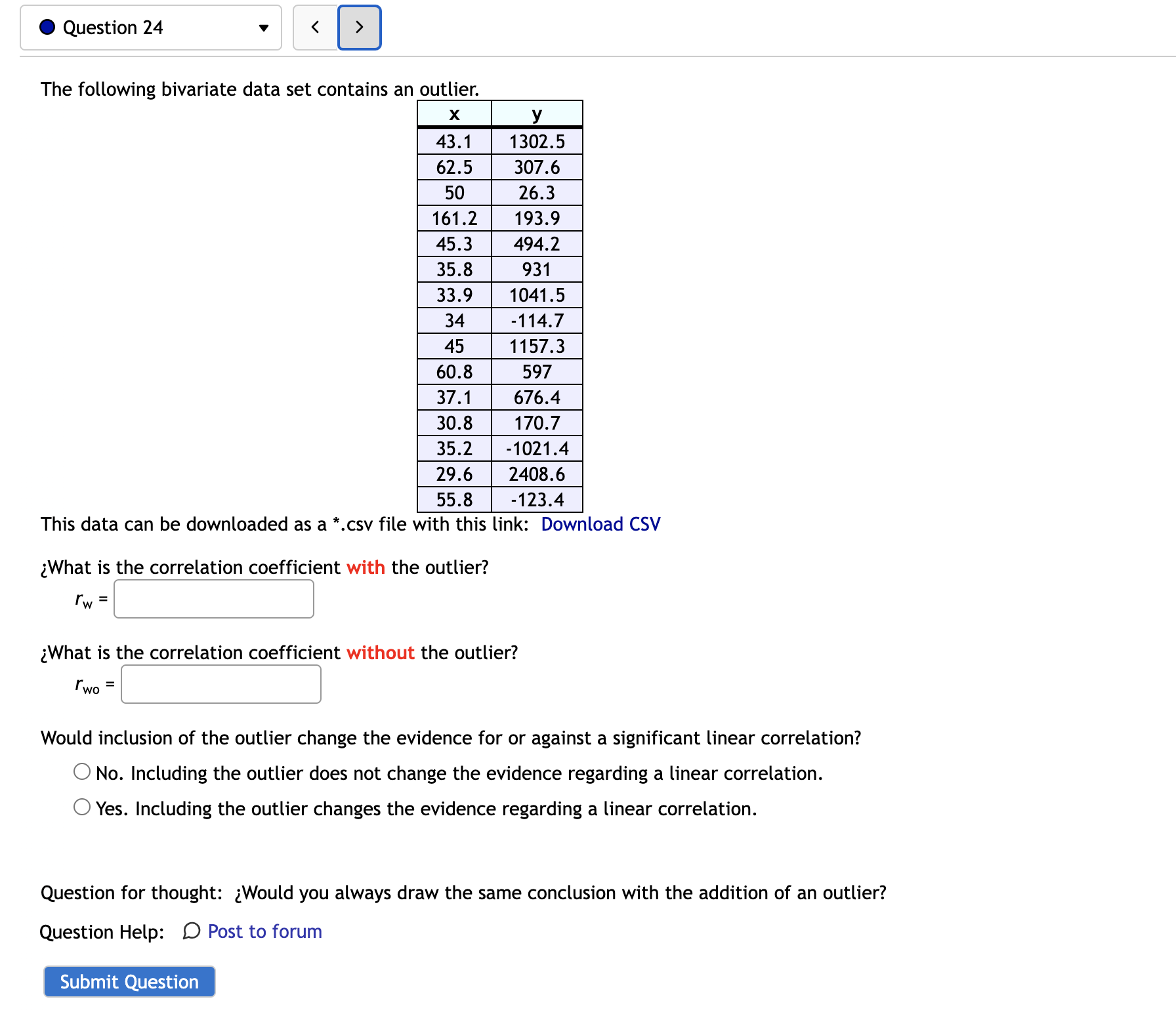 Solved The following bivariate data set contains a This data | Chegg.com