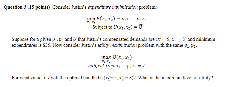 Solved Question 3 (15 points) Consider Justin's expenditure | Chegg.com