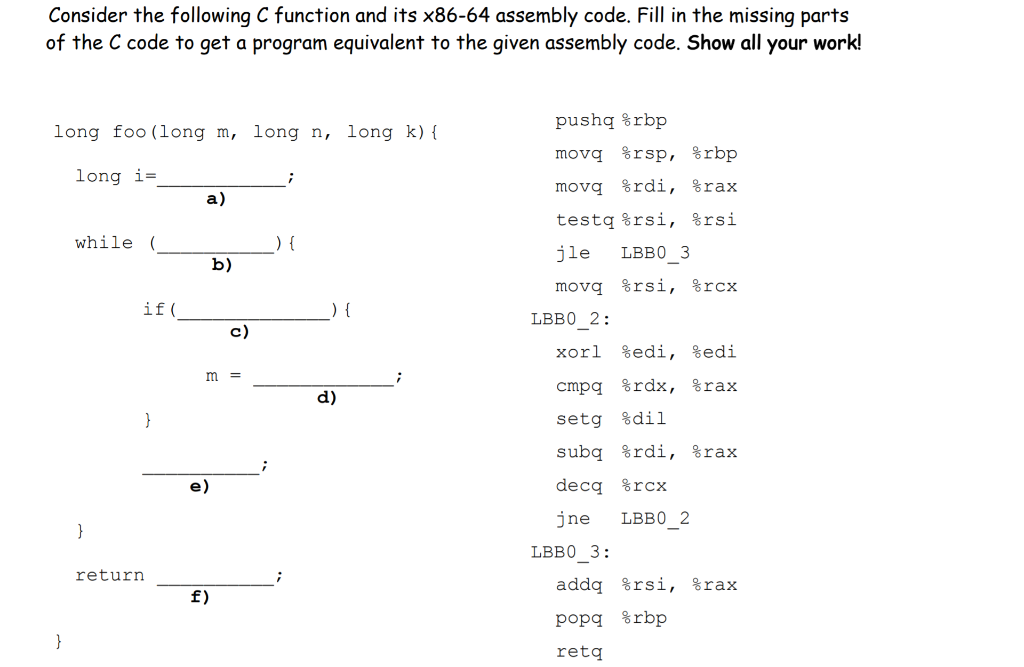 Solved Consider the following C function and its x86-64 | Chegg.com