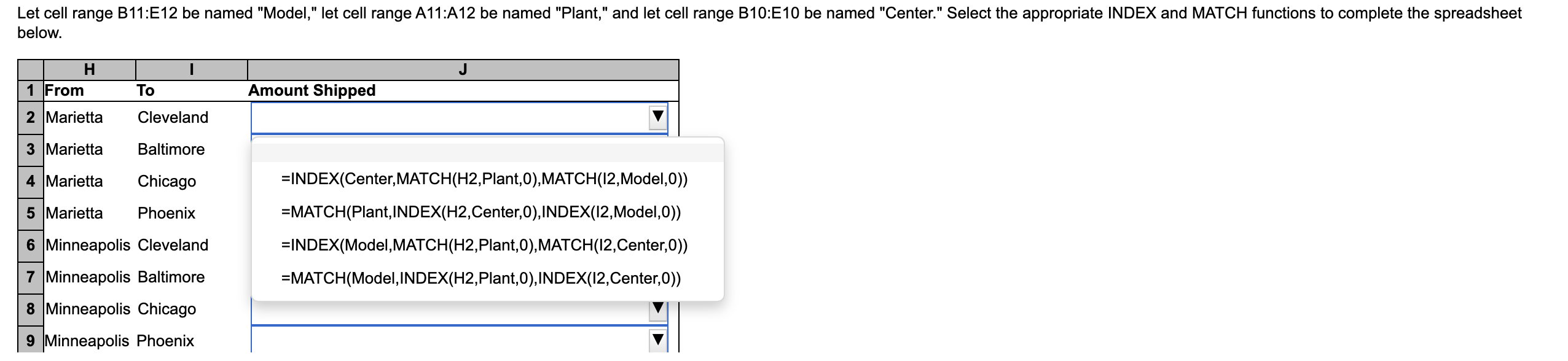 Solved Amount Shipped Use INDEX and MATCH functions to fill | Chegg.com