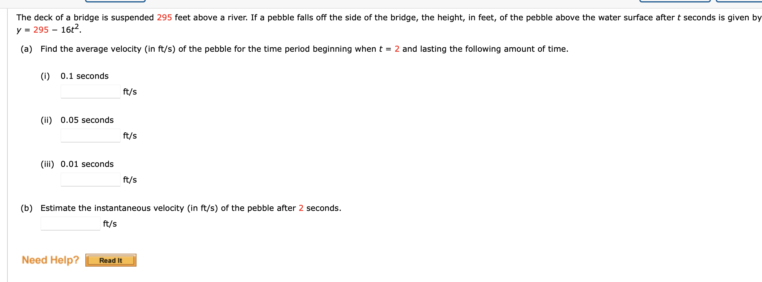 Solved The deck of a bridge is suspended 295 ﻿feet above a | Chegg.com