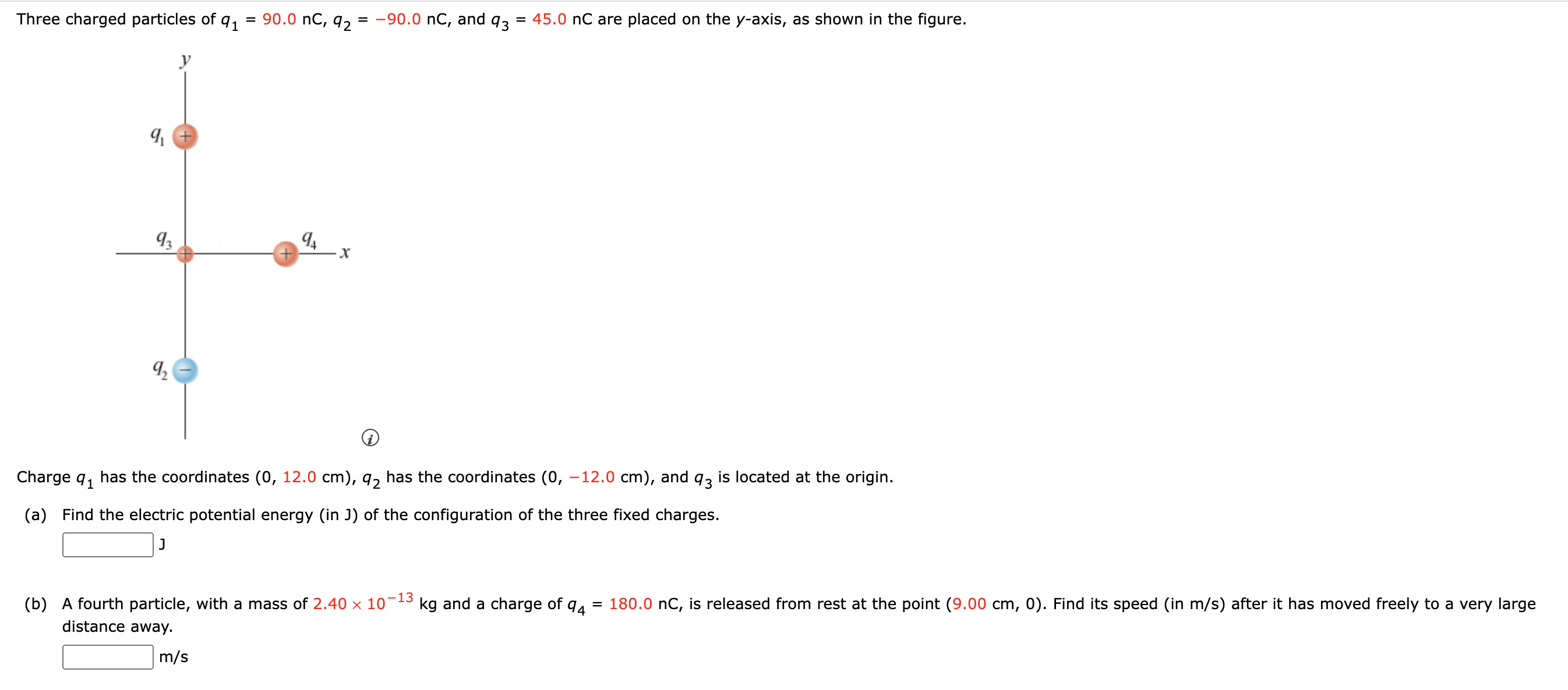 Solved Three charged particles of q1=90.0nC,q2=−90.0nC, and | Chegg.com