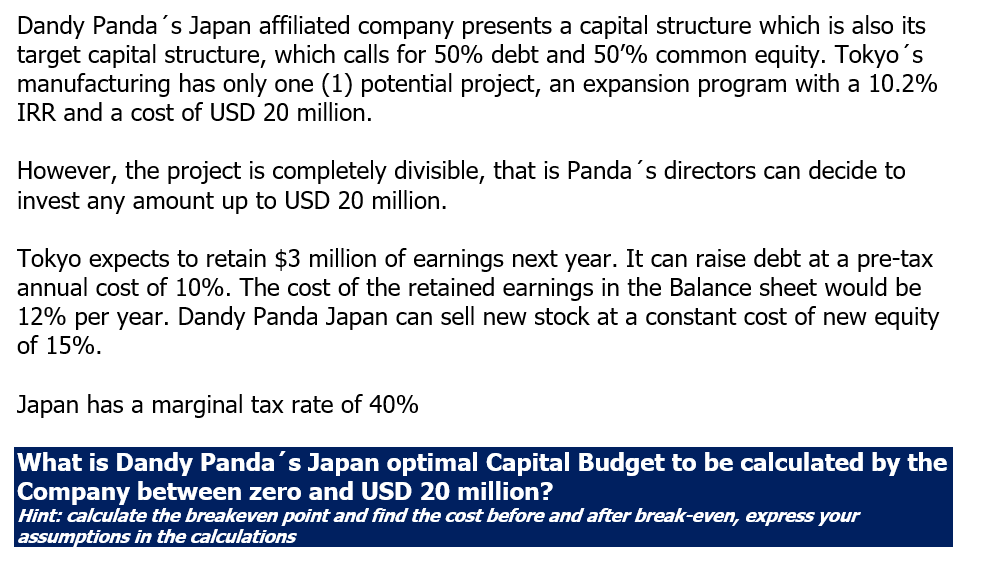 Solved Dandy Panda´s Japan affiliated company presents a | Chegg.com