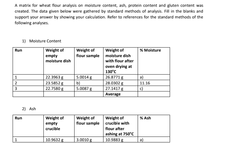 Solved A matrix for wheat flour analysis on moisture | Chegg.com