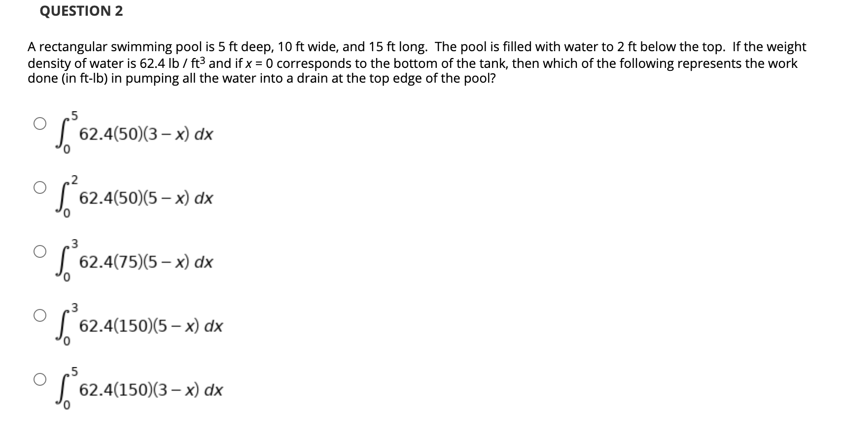 Solved QUESTION 2 A rectangular swimming pool is 5 ft deep, | Chegg.com