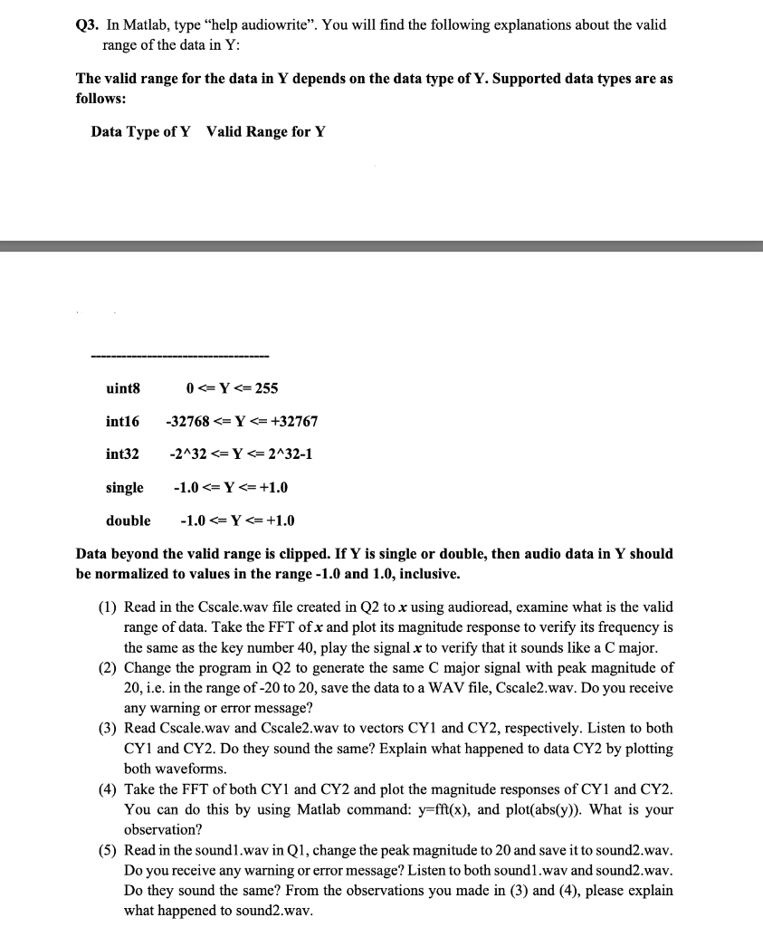 Q3. In Matlab, type "help audiowrite". You will find | Chegg.com