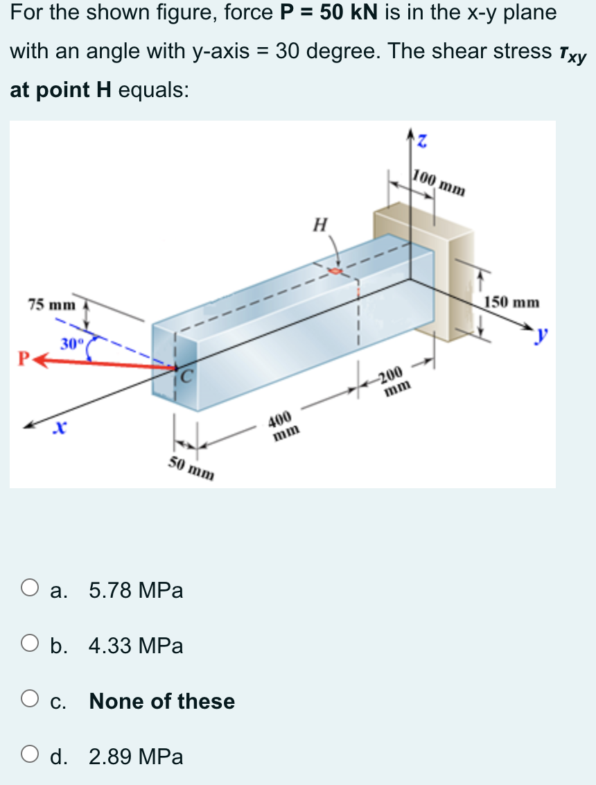Solved For the shown figure, force P = 50 kN is in the x-y | Chegg.com
