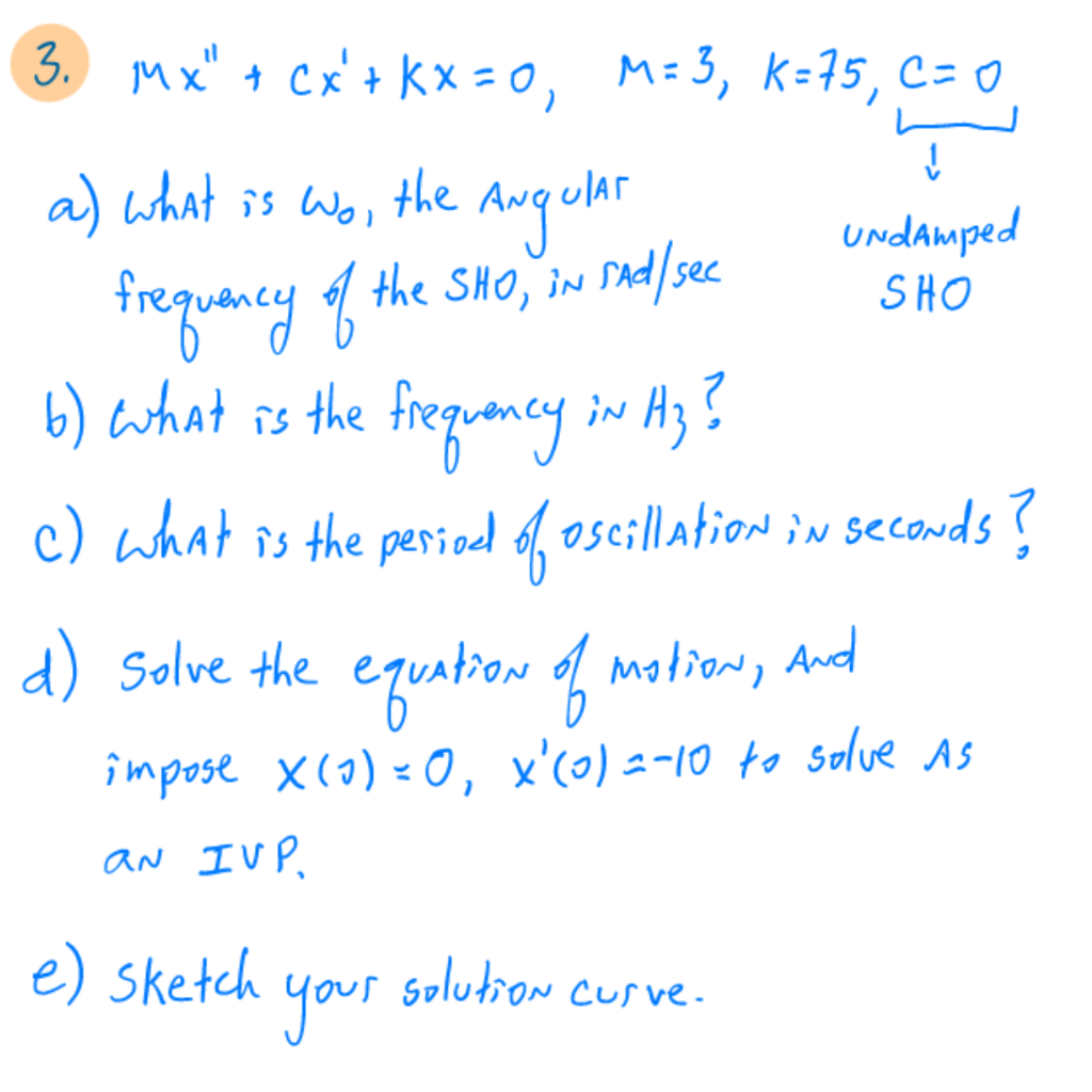 Solved 3. Mx′′+cx′+kx=0,M=3,k=75,!c=0 a) What is w0, the | Chegg.com