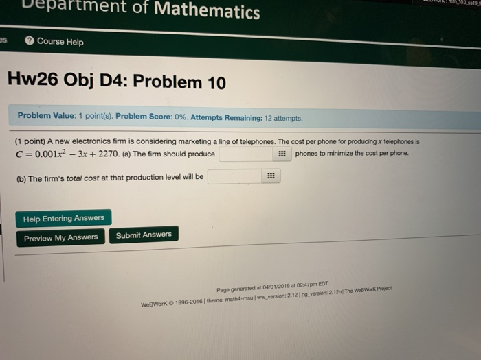 Solved Department of Mathematics Course Help Hw26 Obj D4: | Chegg.com