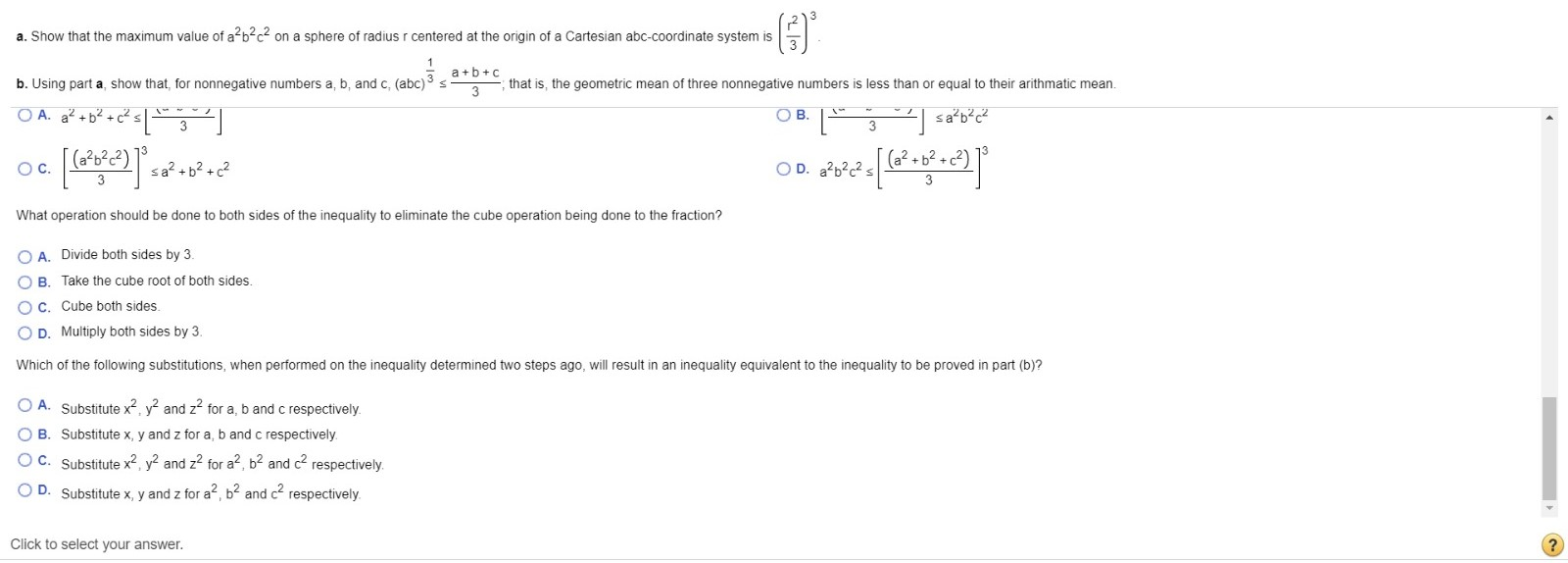 Solved a. Show that the maximum value of a2b2c2 on a sphere | Chegg.com