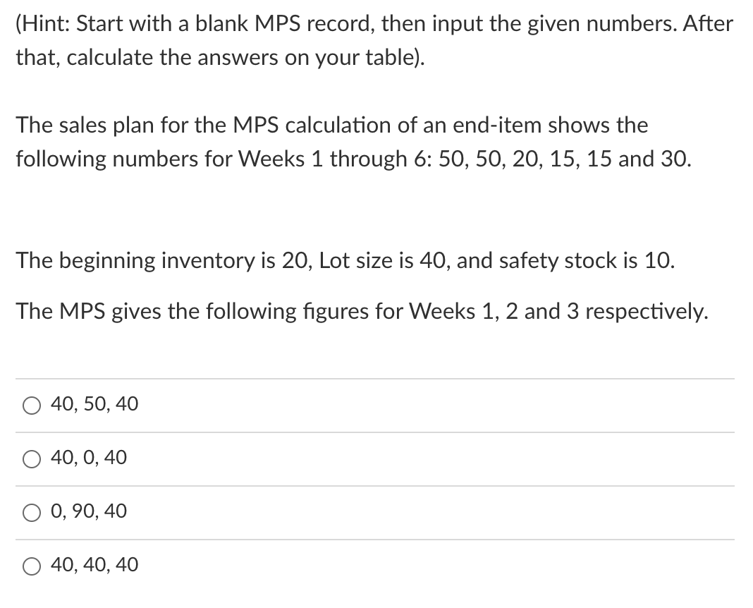 Solved (Hint: Start with a blank MPS record, then input the | Chegg.com