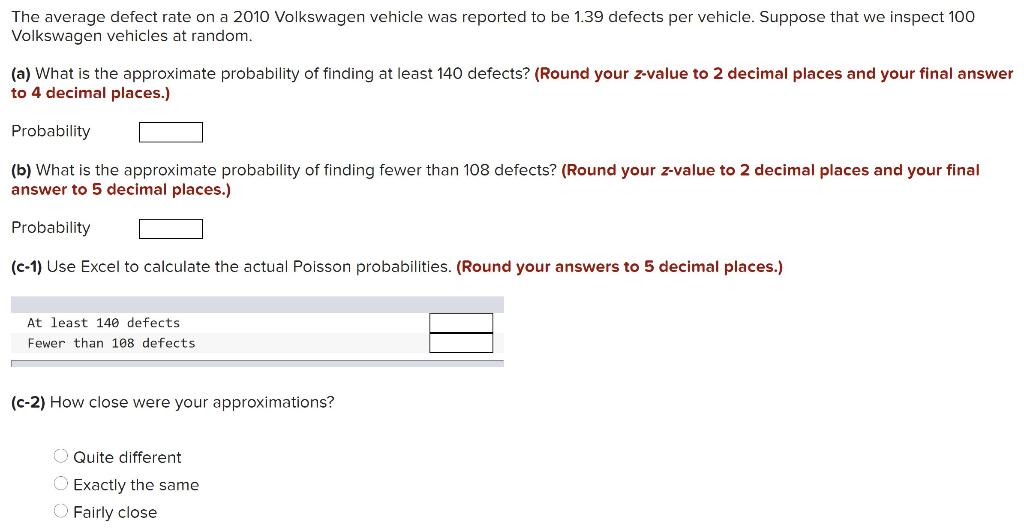Solved The average defect rate on a 2010 Volkswagen vehicle | Chegg.com